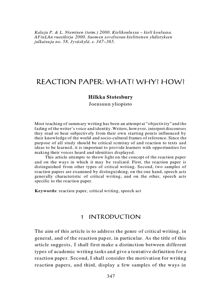 Understanding the Genre of Reaction Papers: Distinguishing Features ...