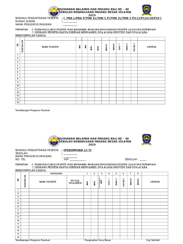 Borang Pendaftaran Peserta Olahraga SEKOLAH 2019 | PDF