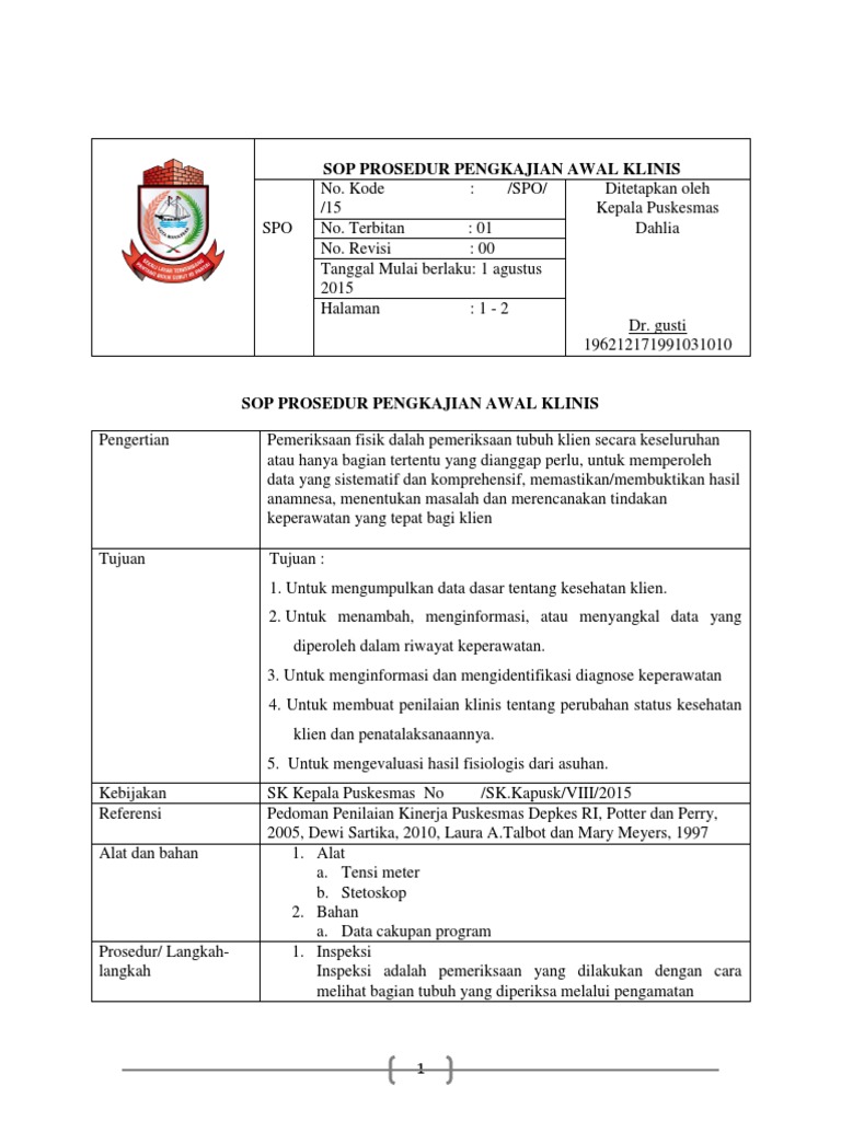 Sop Prosedur Pengkajian Awal Klinis | PDF | Pengembangan Diri | Kesehatan Holistik