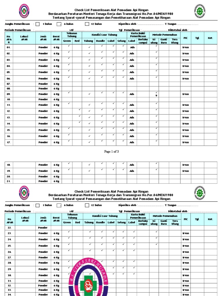 Form Ceklis Pemeliharaan APAR | PDF