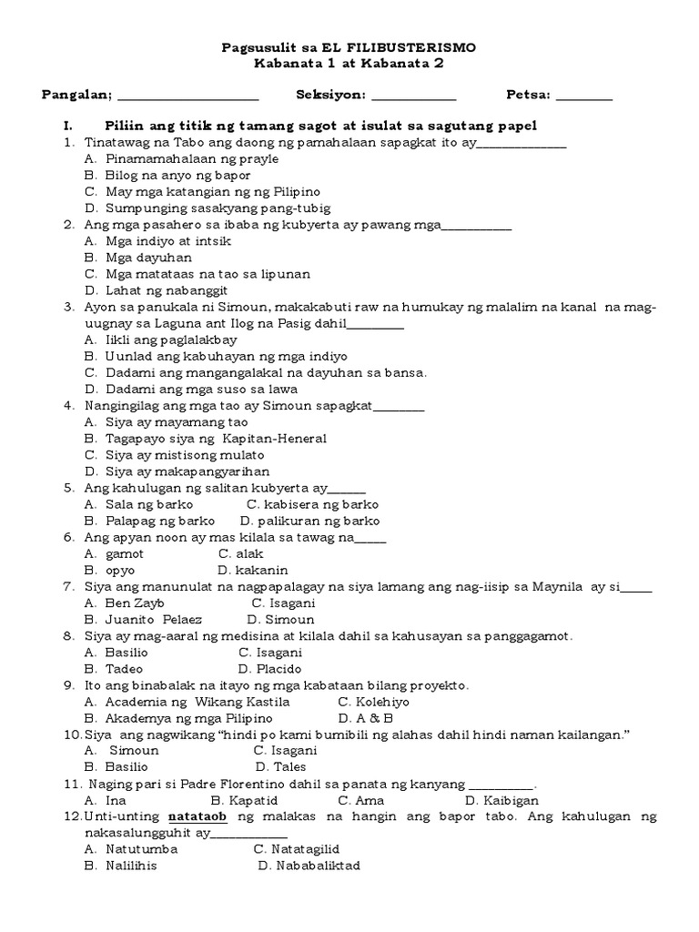 Pagsusulit Sa El Filibusterismo 1 | PDF