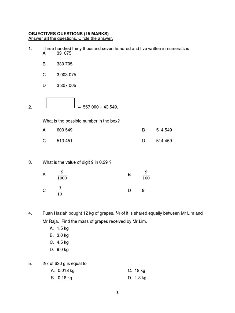 Objectives Questions (15 Marks) | PDF | Litre | Teaching Mathematics