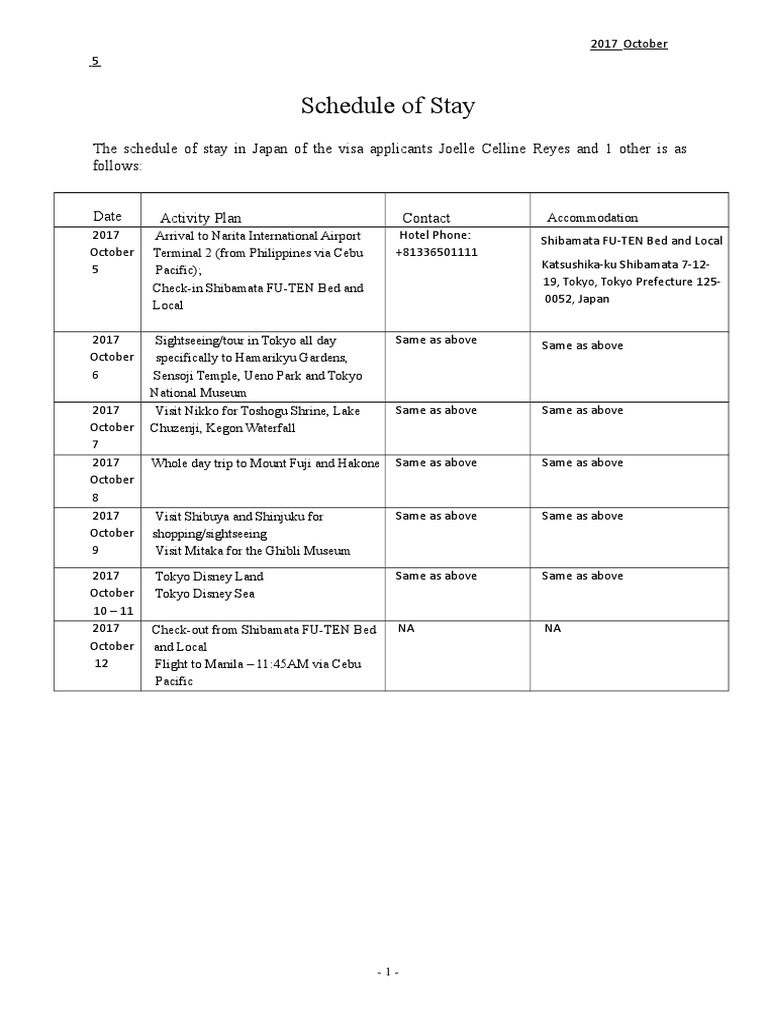 Japan Schedule of Stay 2017 | PDF