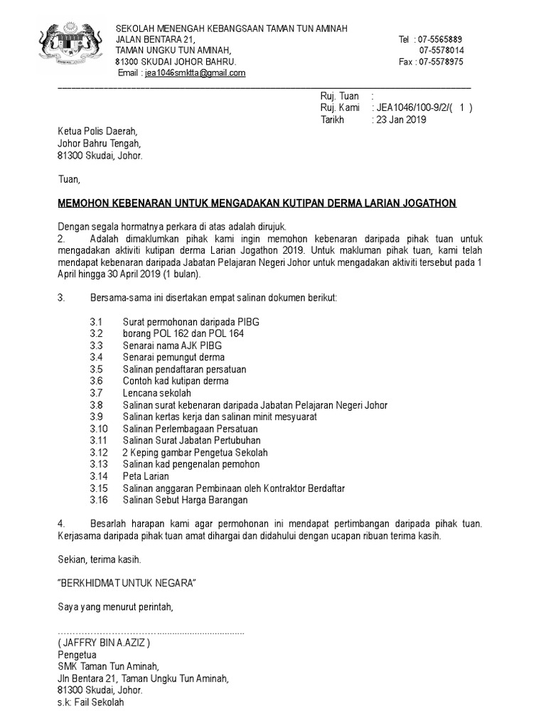 Surat Memohon Kebenaran Mengadakan Kutipan Derma (Sekolah) 2 | PDF