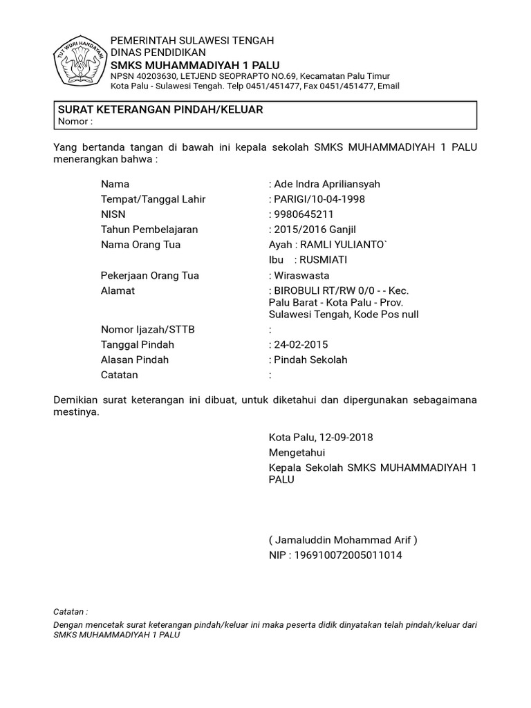 Contoh Surat Pindah Dapodik | PDF