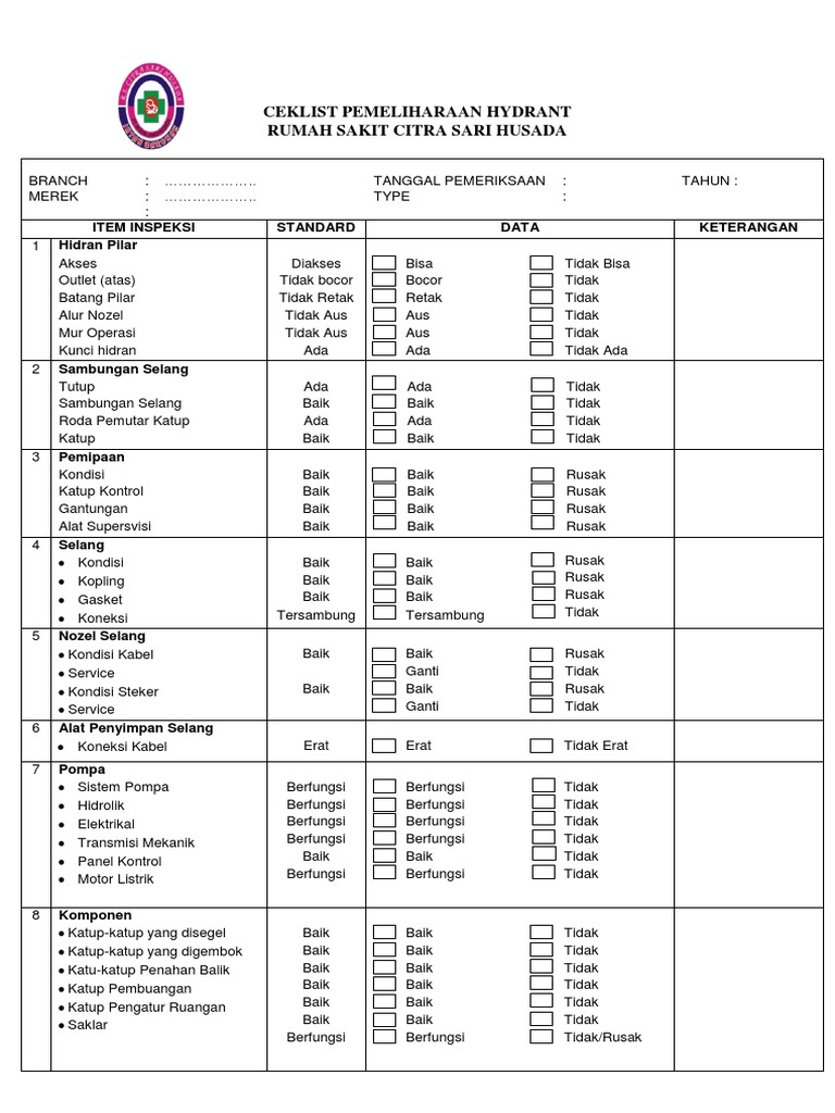 Ceklist Pemeliharaan Hydrant RS CSH | PDF