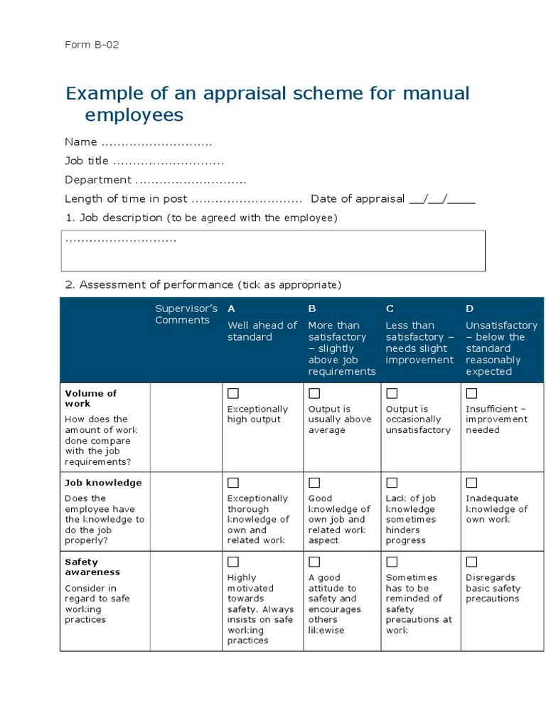Example of An Appraisal Scheme For Manual Employees: Form B-02 | PDF ...