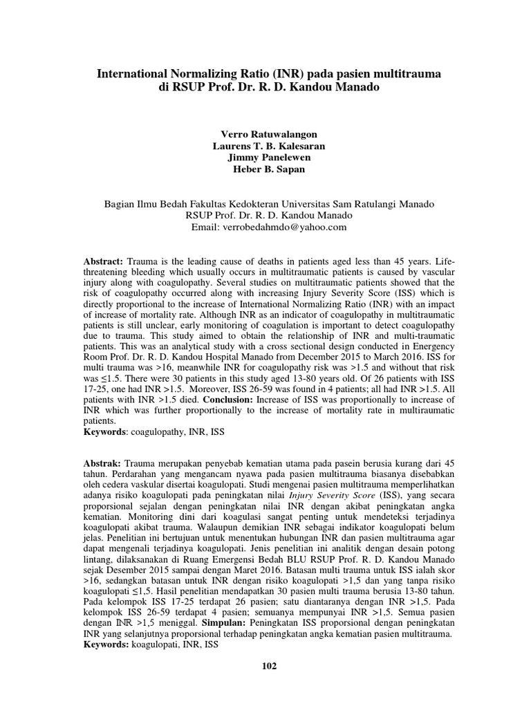 International Normalizing Ratio (INR) Pada Pasien Multitrauma Di RSUP Prof. Dr. R. D. Kandou ...