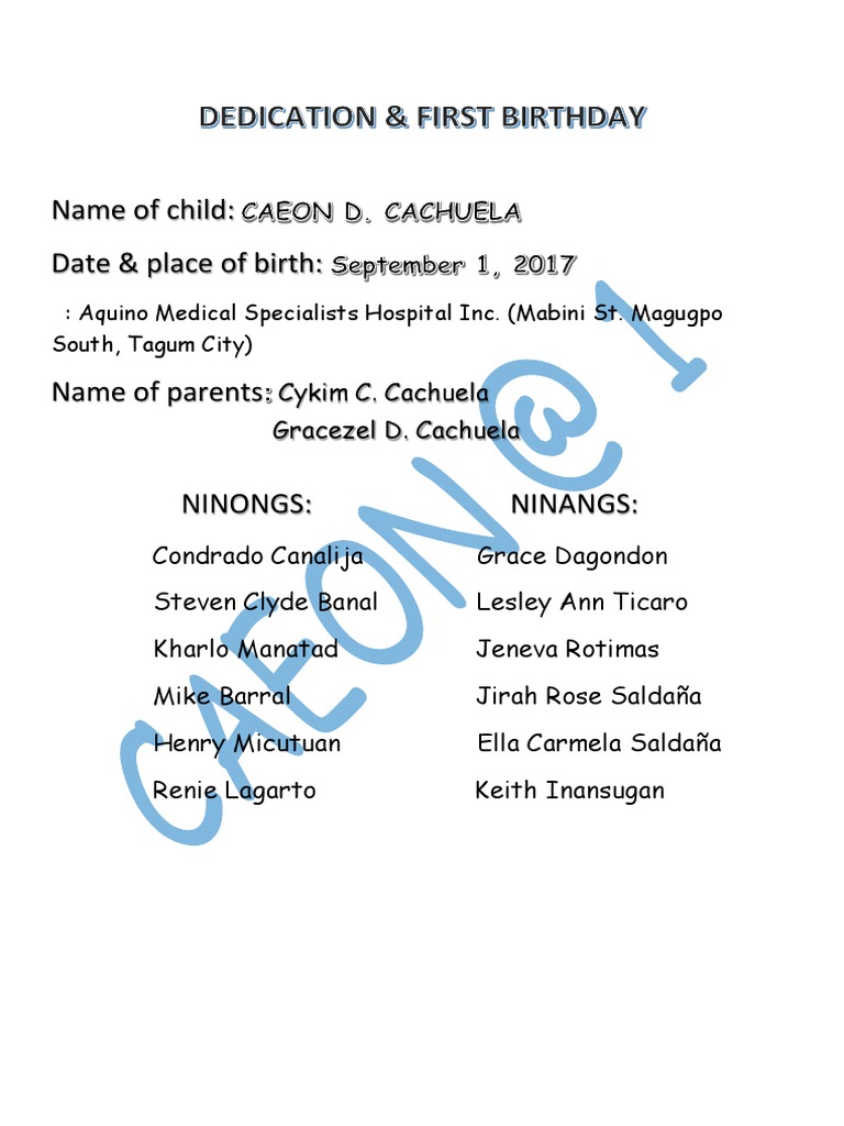 Name of Child: Date & Place of Birth:: Cykim C. Cachuela Gracezel D ...