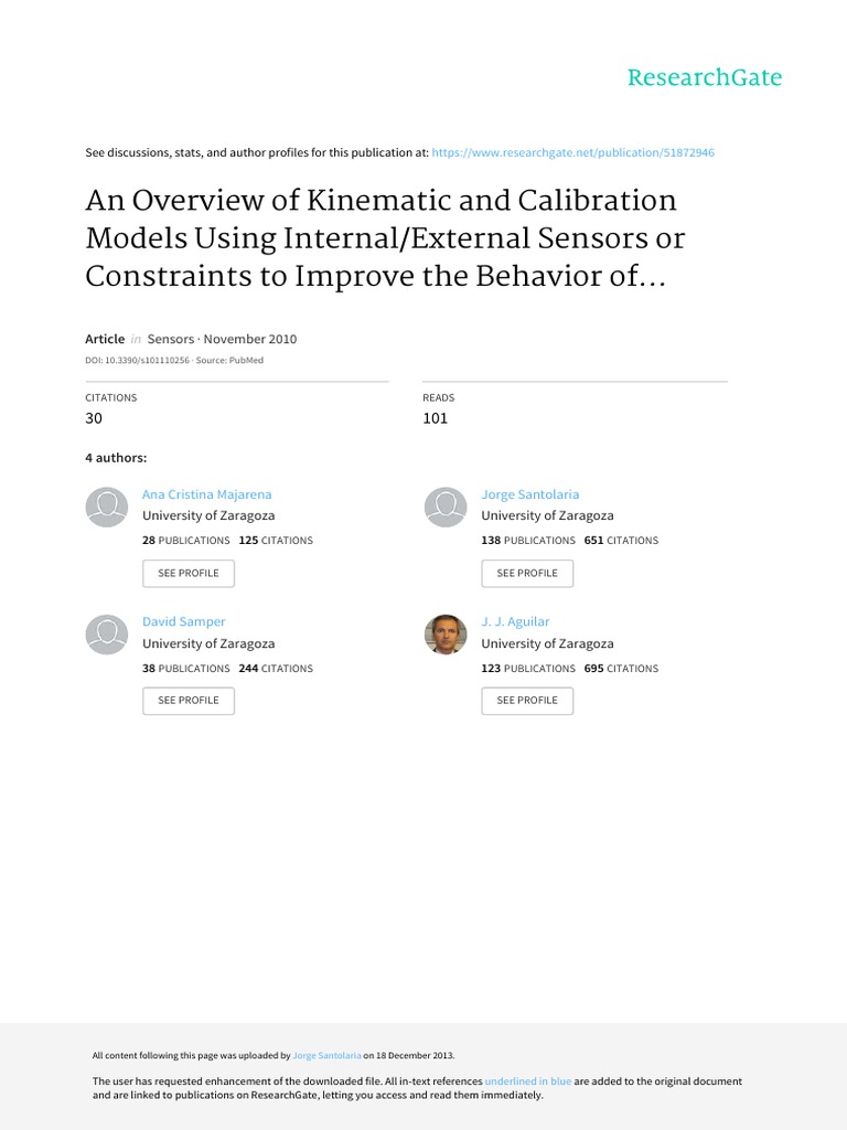 An Overview Of Kinematic And Calibration Models Using Internalexternal Sensors Or Constraints