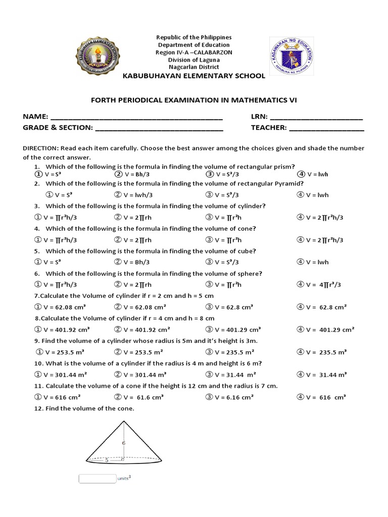 Grade 6 Math 4th Periodical Test | PDF | Volume | Area