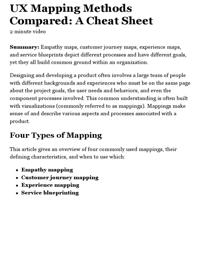 UX Mapping Methods Cheat Sheet: Empathy, Journey, Experience & Service ...