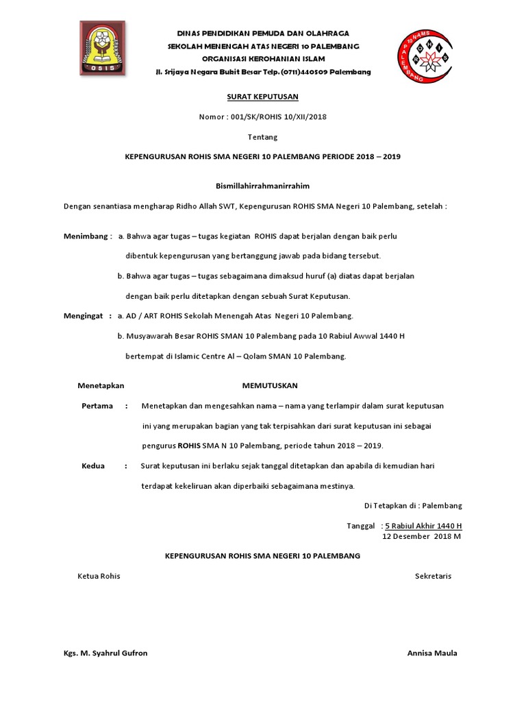 Surat Keputusan Rohis 2018 - 2019 | PDF