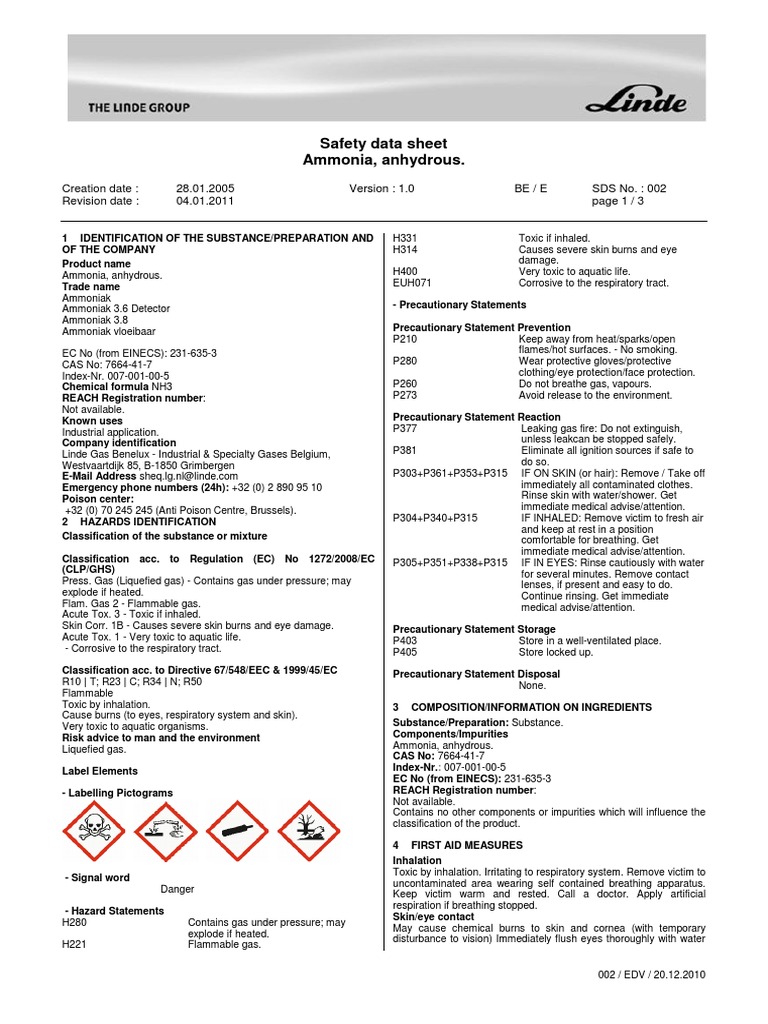 Safety Data Sheet Ammonia, Anhydrous | Download Free PDF | Ammonia ...
