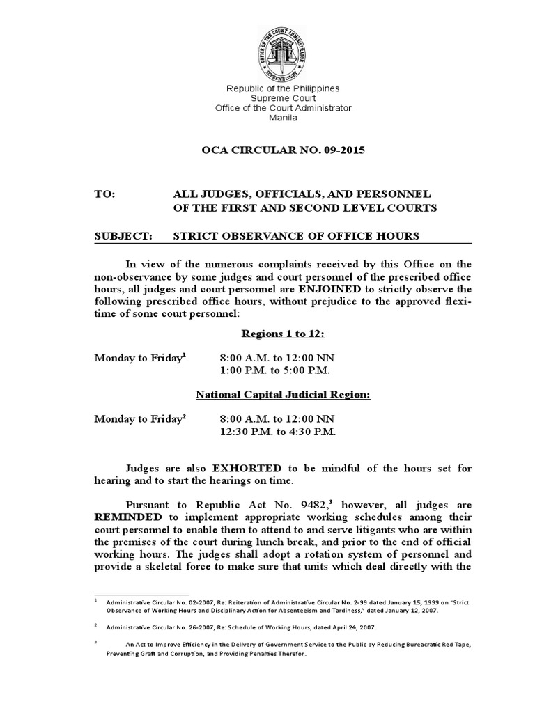 09-2015 Strict Observance of Office Hrs | PDF | Courts | Separation Of ...