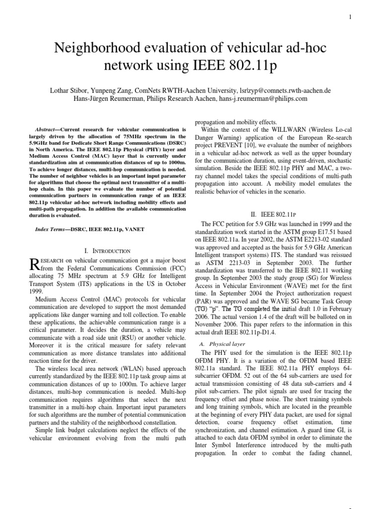 Neighborhood Evaluation of Vehicular Ad-Hoc Network Using IEEE 802.11p | PDF | Ieee 802.11 ...