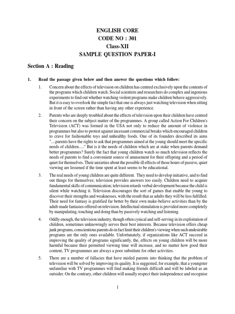 English Core Code No: 301 Class-XII Sample Question Paper-I Section A ...