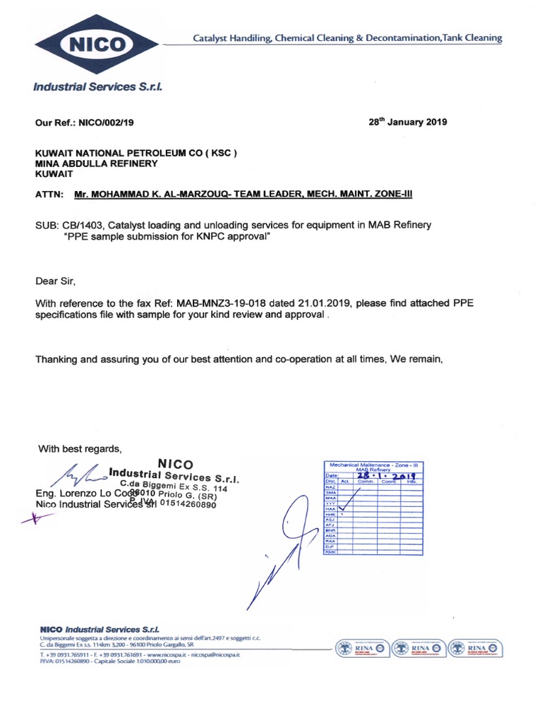CB - 1403 PPE Sample Submission For KNPC Approval | PDF