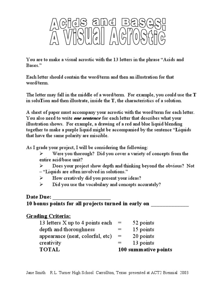 Acids and Bases: A Visual Acrostic by Jane Smith | PDF | Solution ...