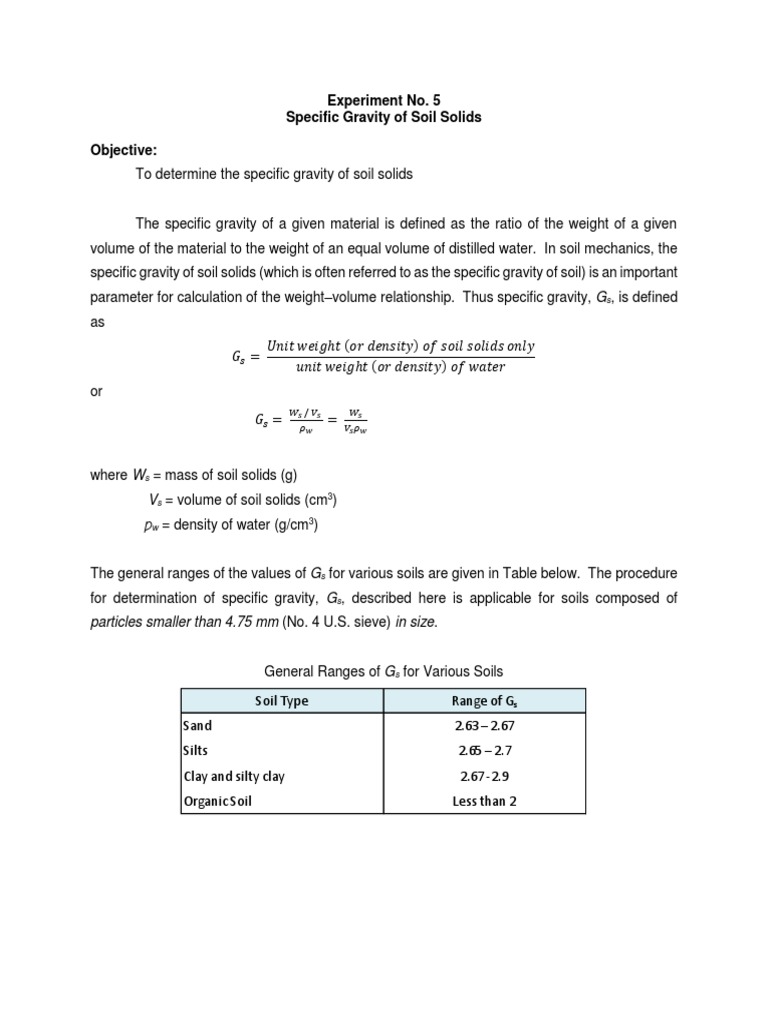 Experiment No. 5 Specific Gravity of Soil Solids Objective | PDF | Density | Soil