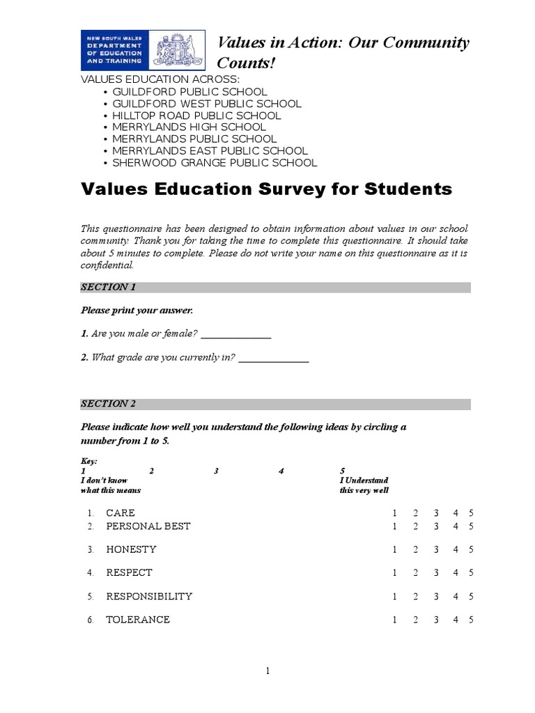 Values Education Survey for Students | PDF | Learning | Cognition