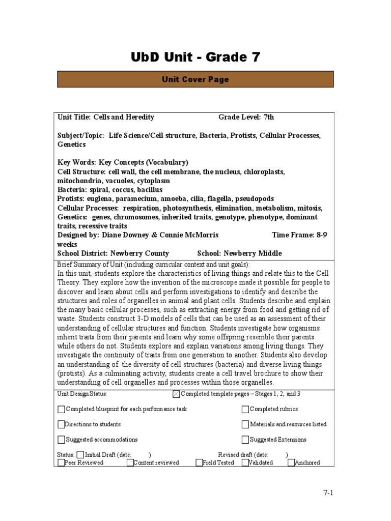 Ubd Unit - Grade 7: Brief Summary of Unit (Including Curricular Context ...