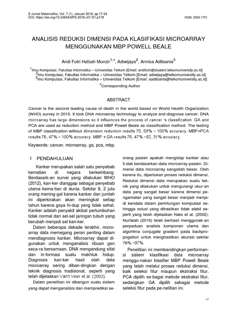 OPTIMASI REDUKSI DIMENSI DAN KLASIFIKASI DATA MICROARRAY MENGGUNAKAN METODE MBP, PCA, DAN GA | PDF