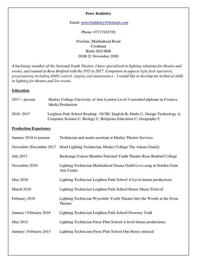 Peter Baddeley 2018 Lighting | PDF | Theatre | Entertainment (General)