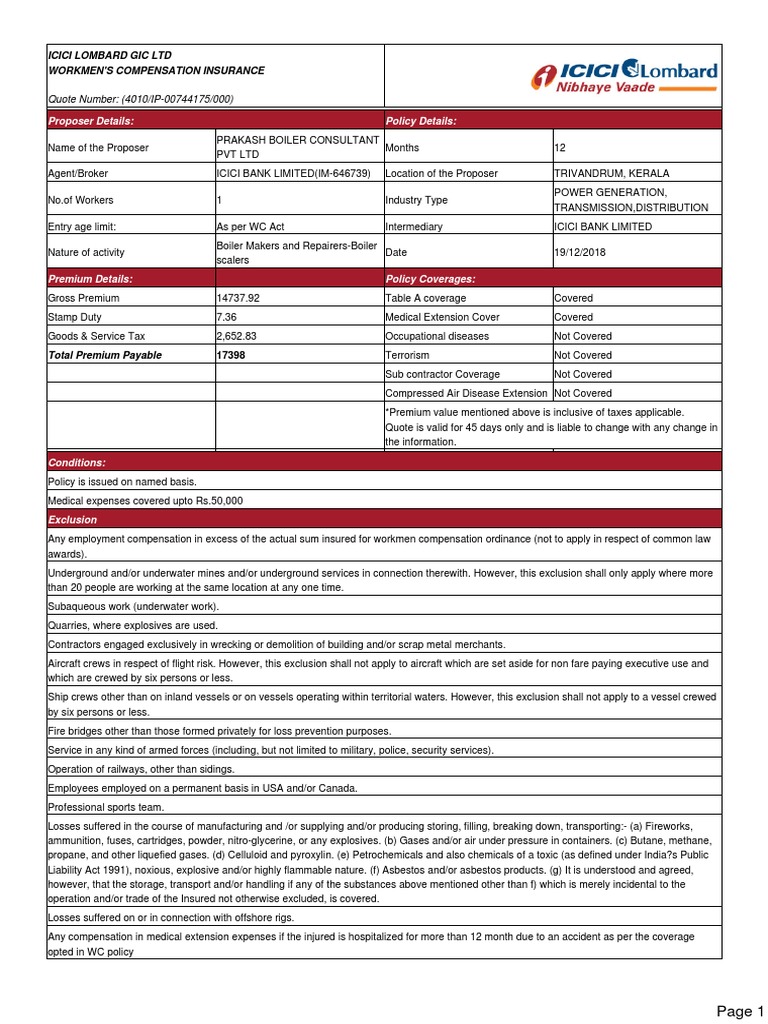 Proposer Details: Policy Details:: Quote Number: (4010/IP-00744175/000 ...