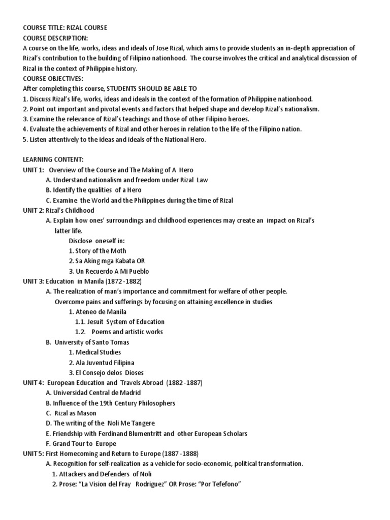 Course Plan in Rizal Course | PDF | Philippines