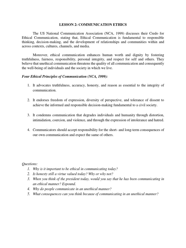 Lesson 2: Communication Ethics: Four Ethical Principles of ...