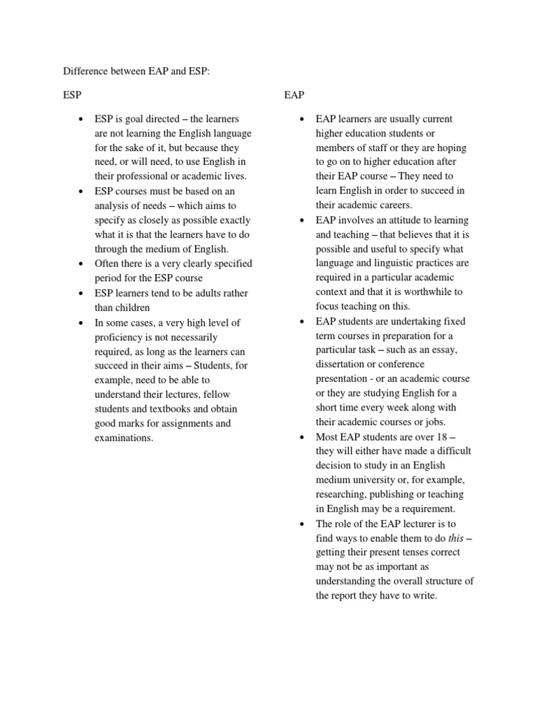 ESP Vs EAP | PDF | English Language | Teachers