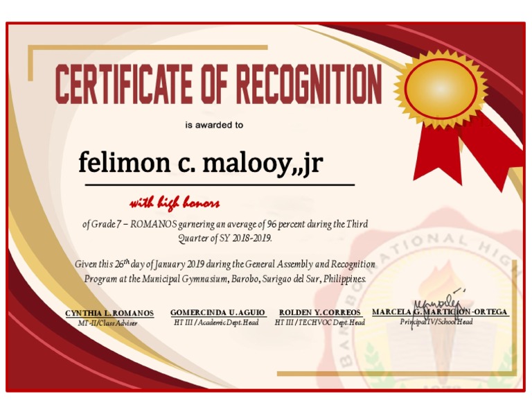 Third Quarter Recognition Certificate Short Bondpaper | PDF