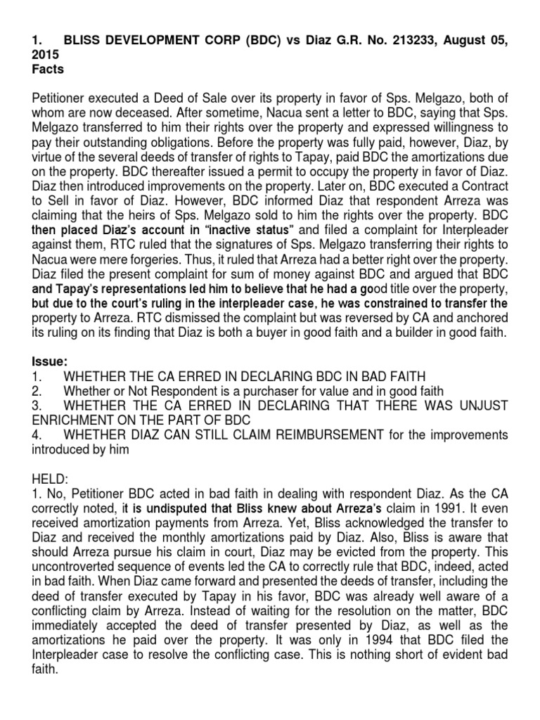 BLISS DEVELOPMENT CORP (BDC) Vs Diaz G.R. No. 213233, August 05, 2015 ...