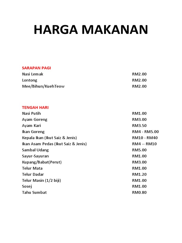 Affordable Malaysian Food Menu Under RM40 | PDF