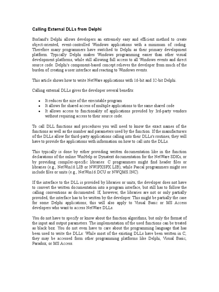 Delphi Dll Integration Guide Pdf Subroutine Library Computing