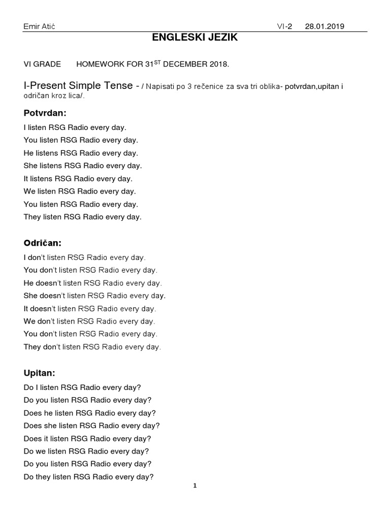 I-Present Simple Tense - : Engleski Jezik | PDF