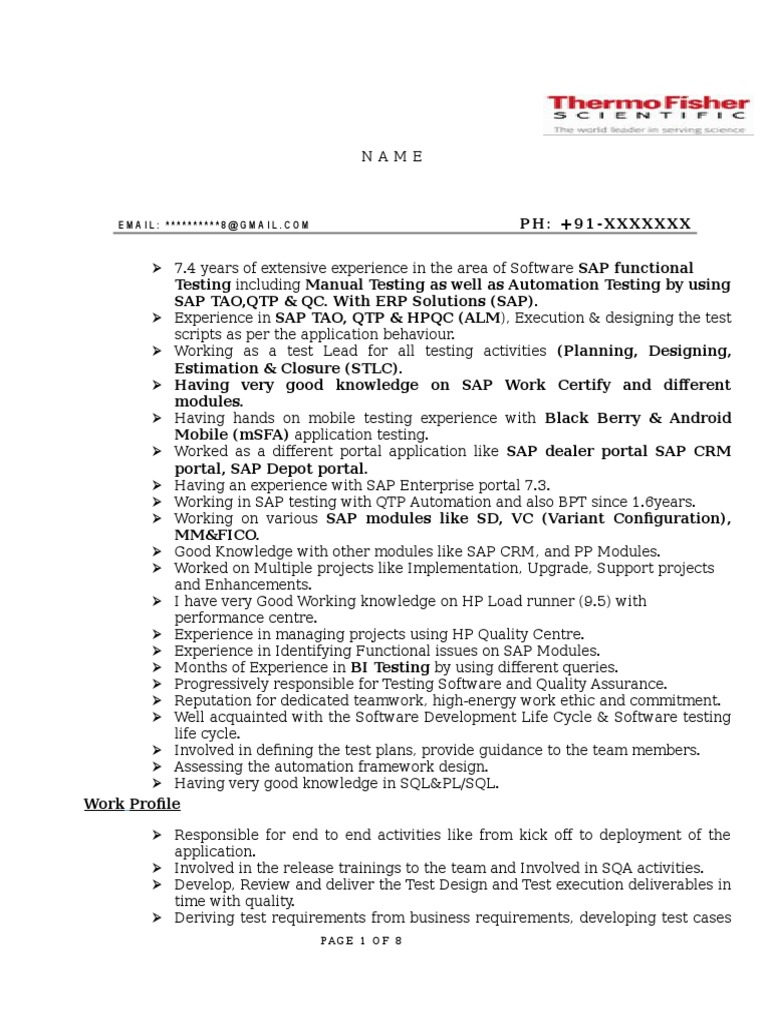 Sap Testing Sample Resume 3 | PDF | Sap Se | Computing