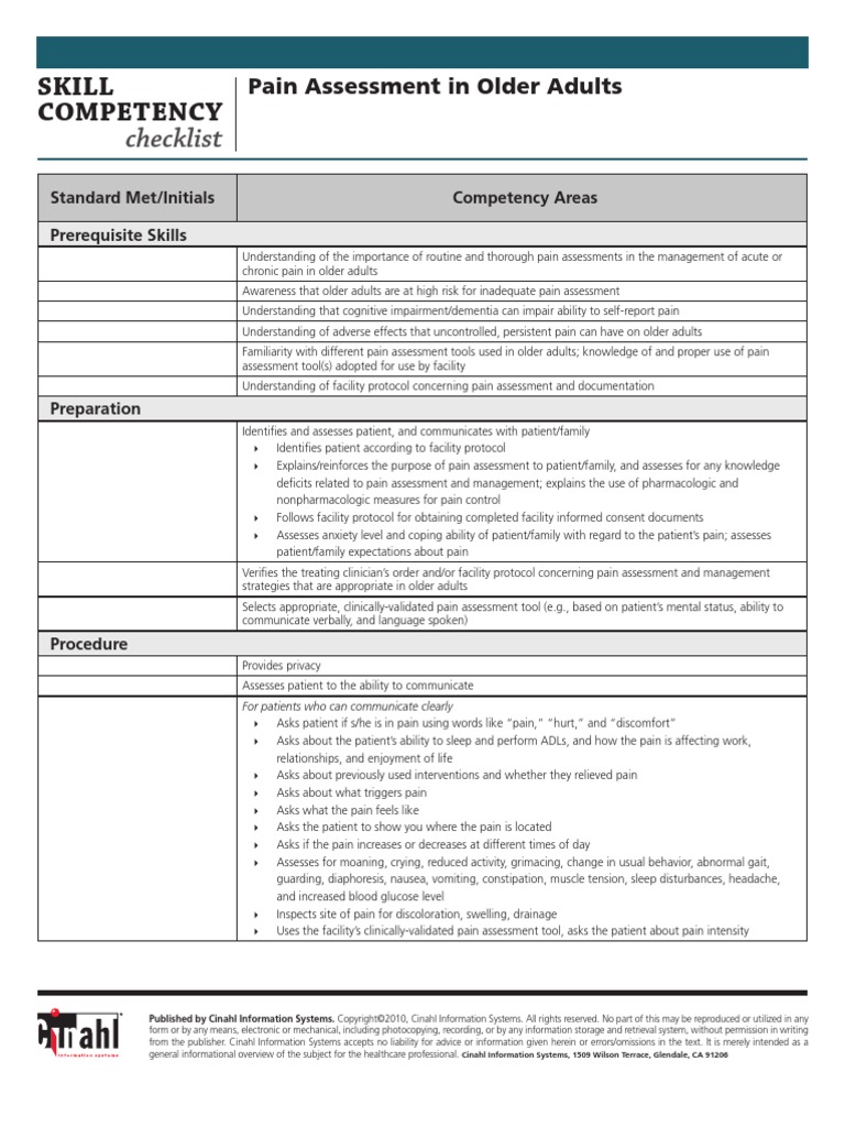 Checklist: Skill Competency | PDF | Pain Management | Pain