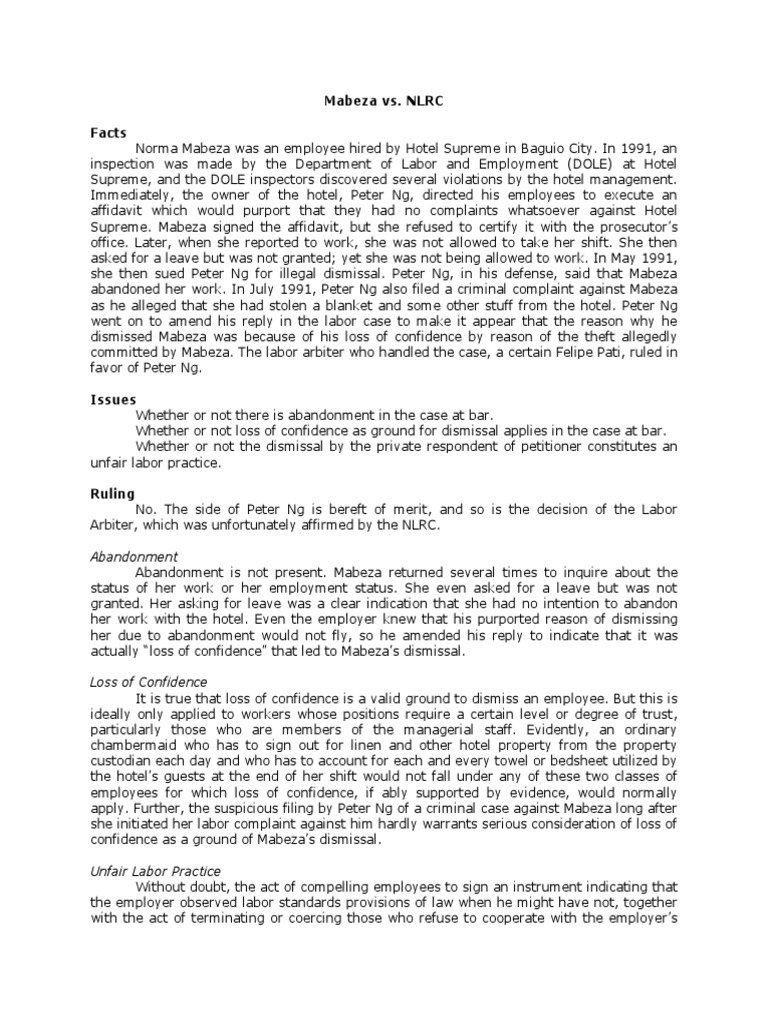 Illegal Dismissal Case: Mabeza vs. NLRC | PDF | Unfair Labor Practice ...