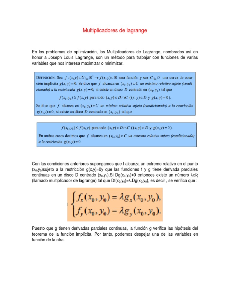 Multiplicadores de lagrange | Matemáticas Aplicadas | Análisis matemático