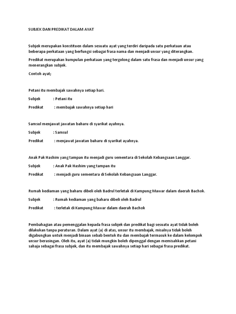Subjek Dan Predikat Dalam Ayat
