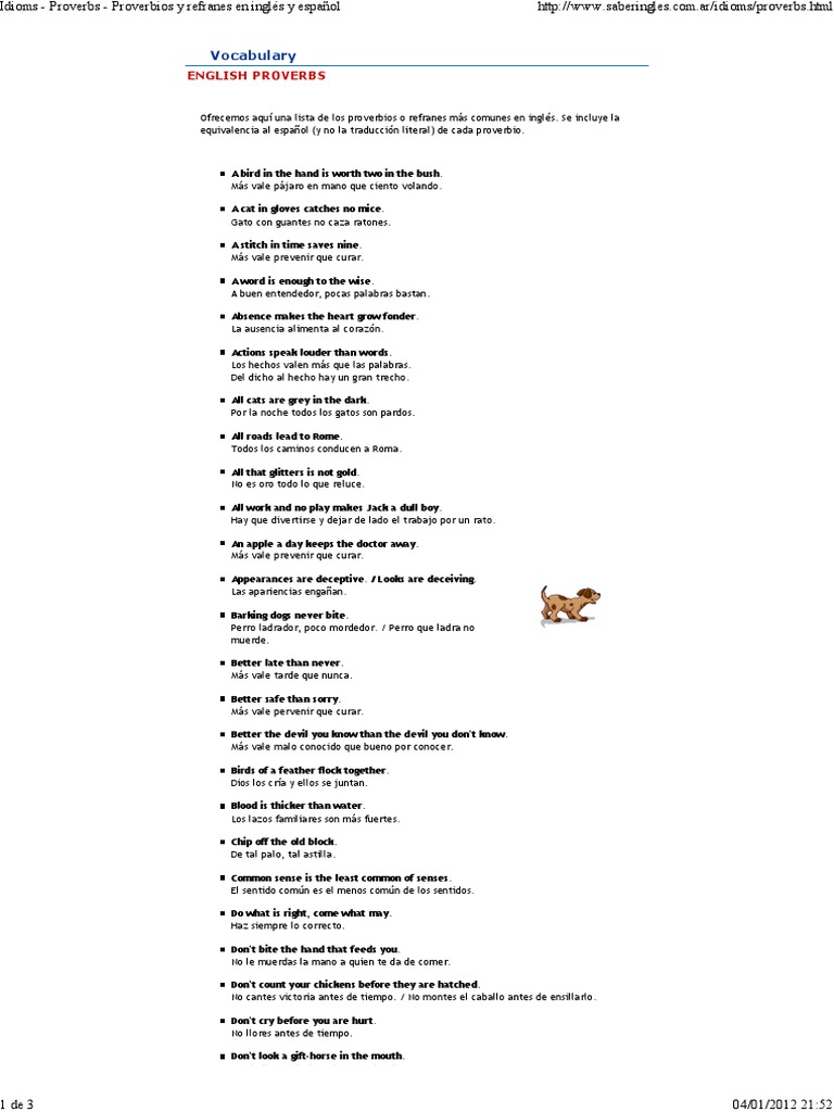 Idioms - Proverbs - Proverbios y Refranes en Inglés y Español | PDF