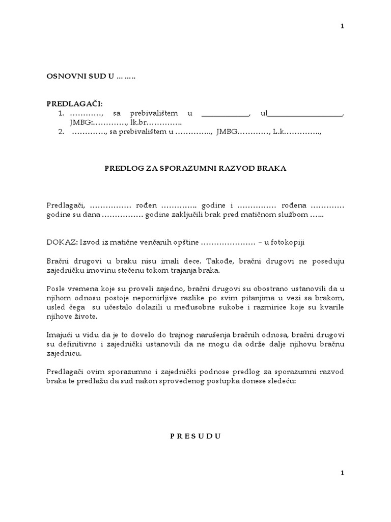 Sporazumni Razvod Nacrt | PDF