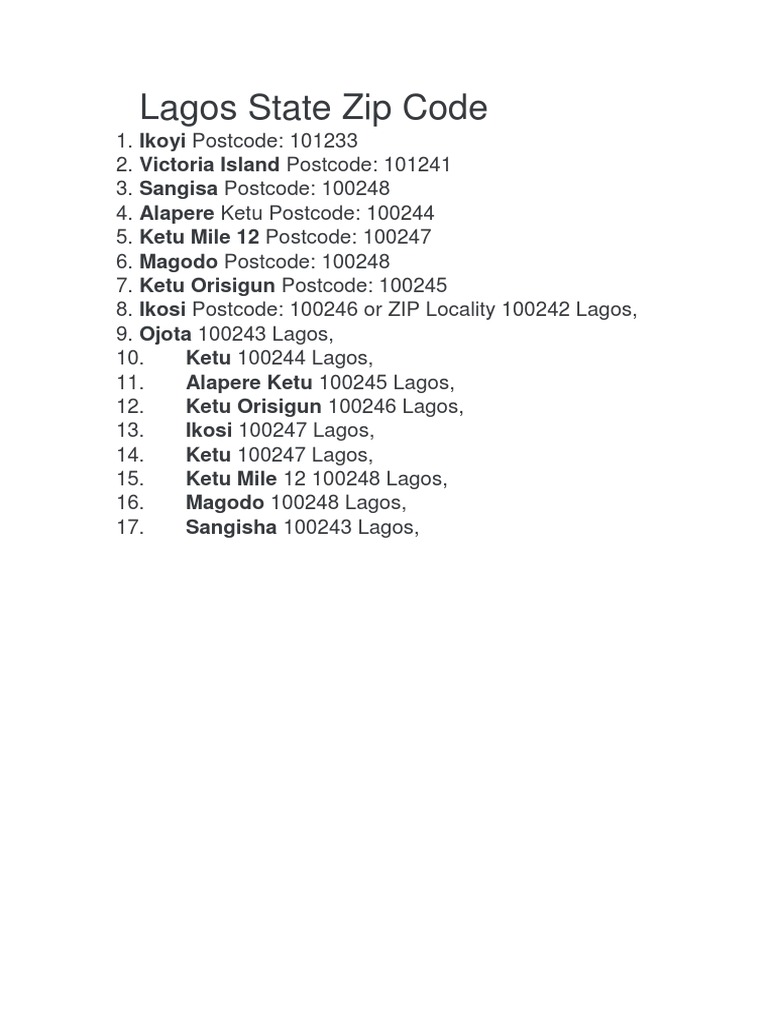 Lagos State Zip Code | PDF | Consumer Goods | Systems Engineering