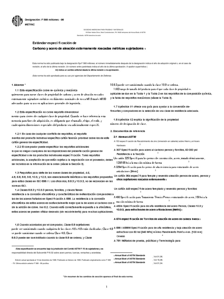 Especificación ASTM F568M-98 para Sujetadores | PDF | Tornillo | Acero