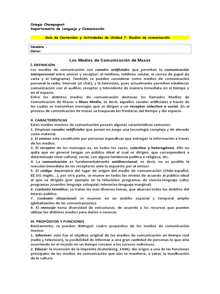 2º Medio Guia Los Medios de Comunicación de Masas | PDF | Medios de comunicación en masa | Radio