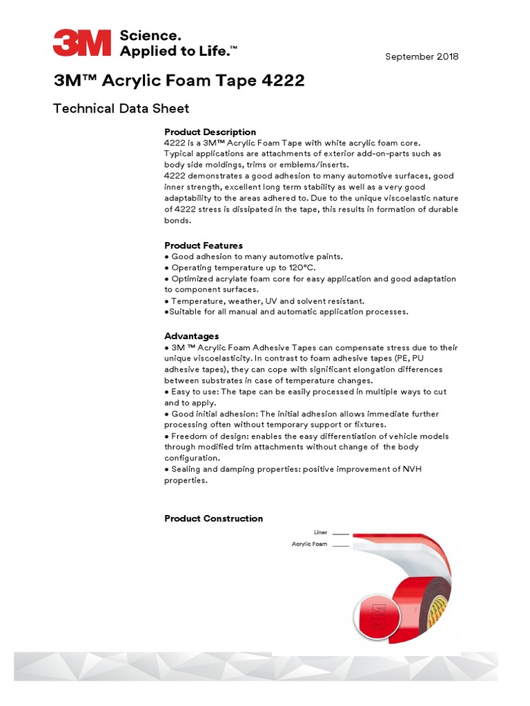 3M™ Acrylic Foam Tape 4222: Technical Data Sheet | PDF | Adhesive ...