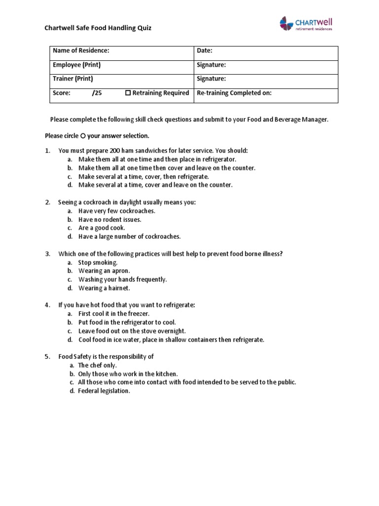 Safe Food Handling QUIZ FINAL | PDF | Refrigerator | Foods