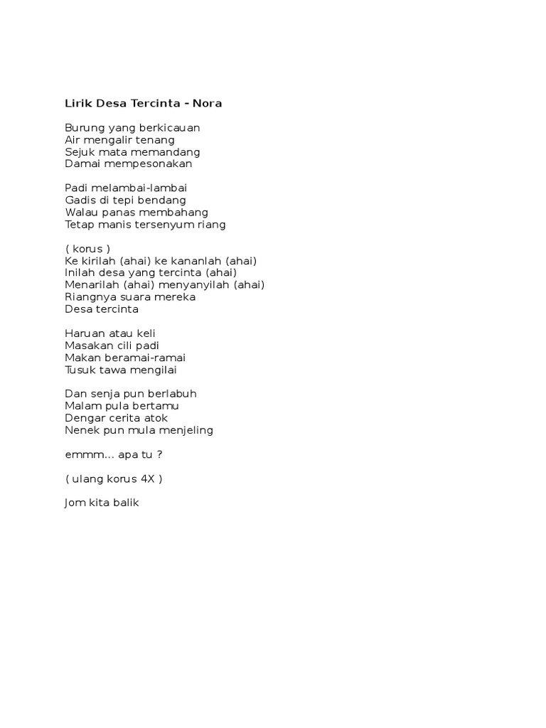 Lirik Lagu Desa Tercinta - Nora | PDF